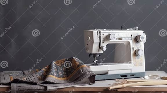 Modern Sewing Machine and Gray Fabric. Sewing Process, Handmade, Hobby ...