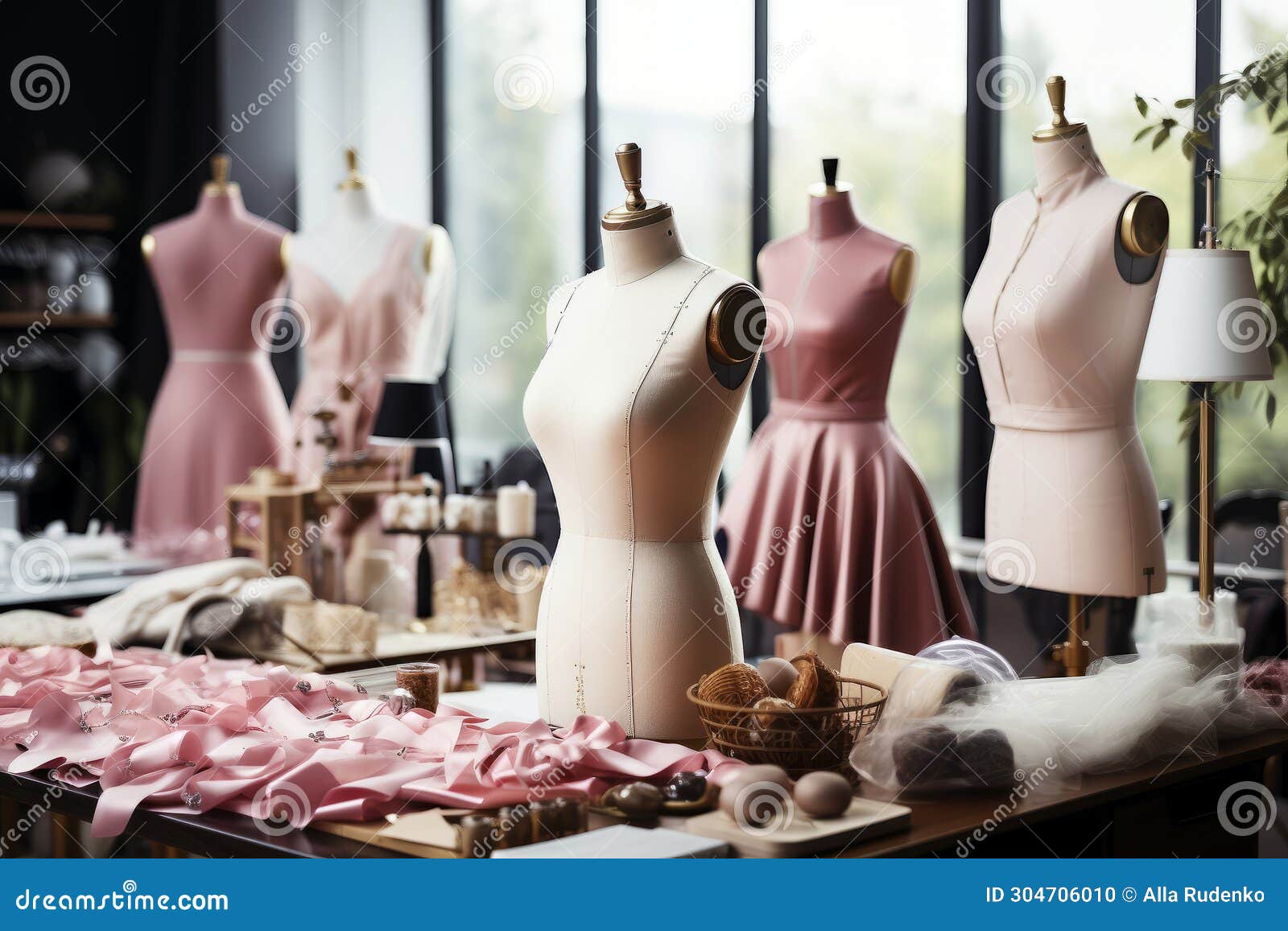 Modern Sewing Workshop with Mannequins and Various Fabrics, Workplace ...