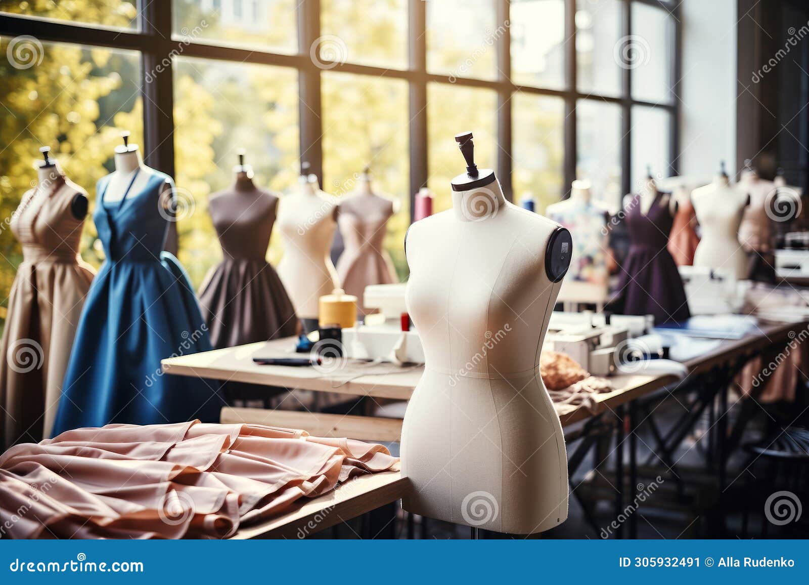 Modern Sewing Workshop with Mannequins and Various Fabrics, Workplace ...