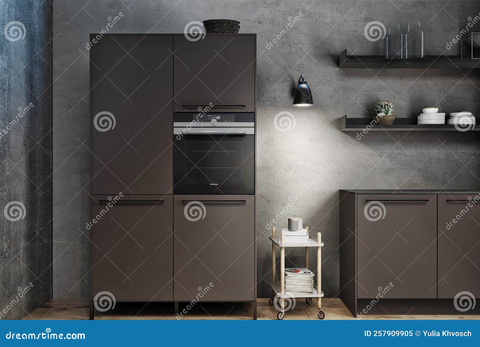 .Modern Shelving Unit with Gas Stove and Plates on the Shelf in Kitchen ...