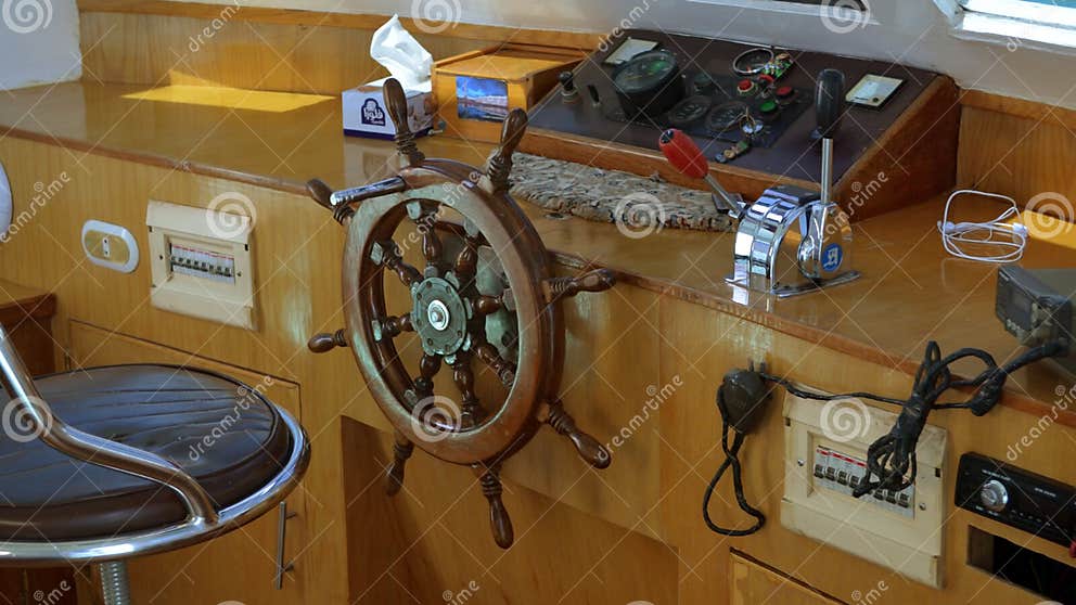 Modern Ship Control Panel with Steering Wheel and Engine Accelerators ...