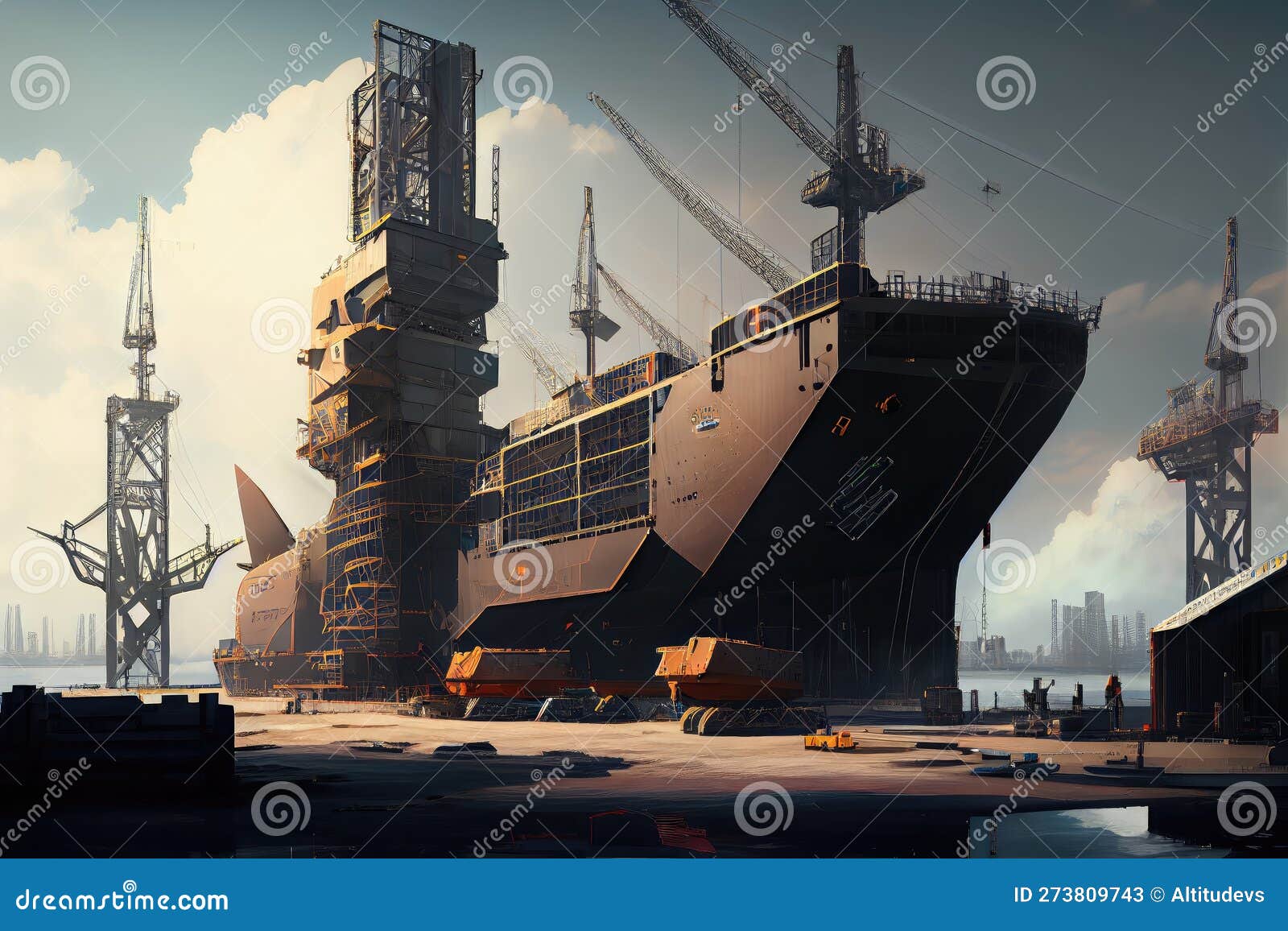 Modern Shipyard, with Advanced Cranes and Equipment Visible, Building ...