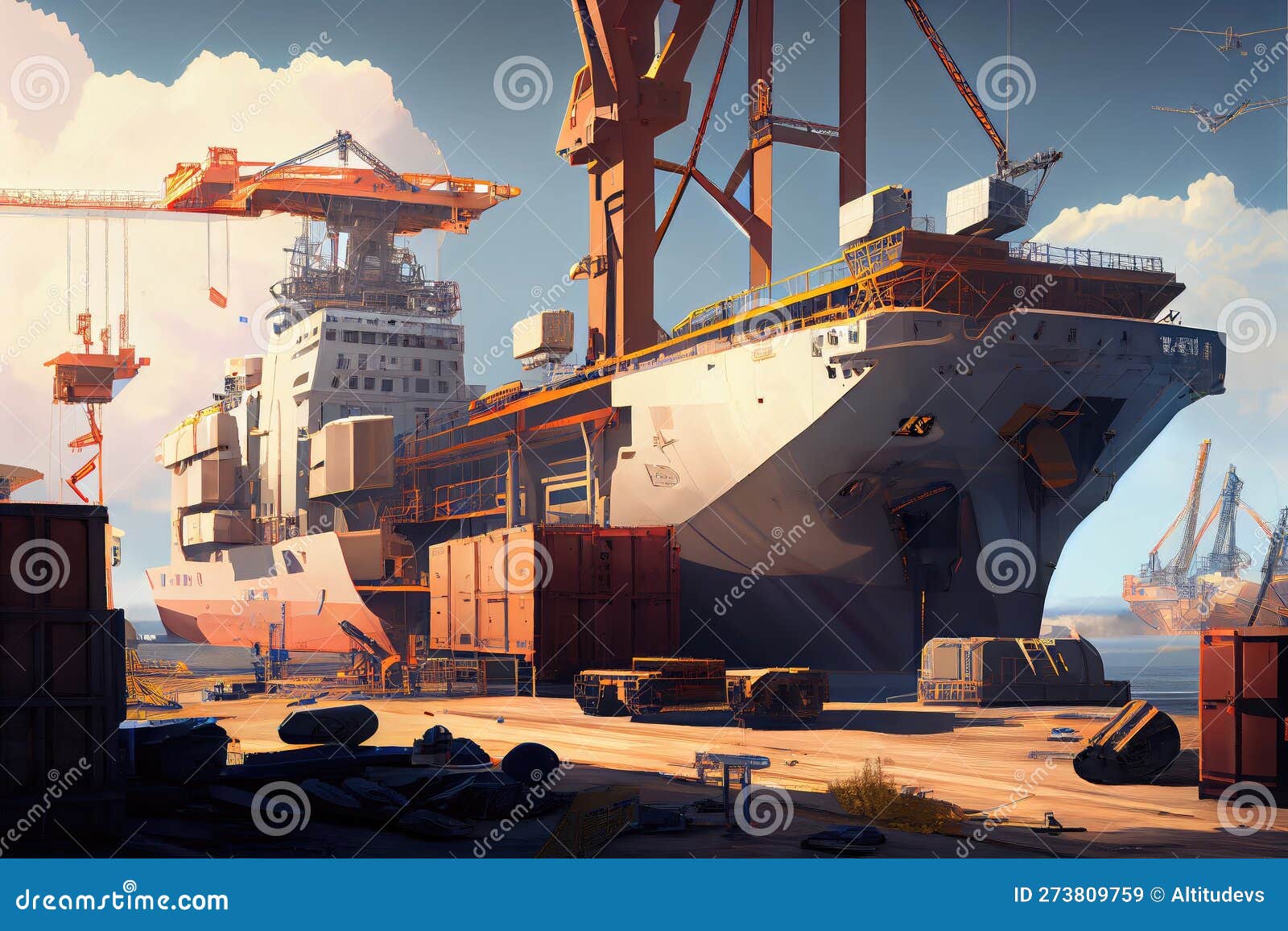 Modern Shipyard, with Advanced Cranes and Equipment Visible, Building ...
