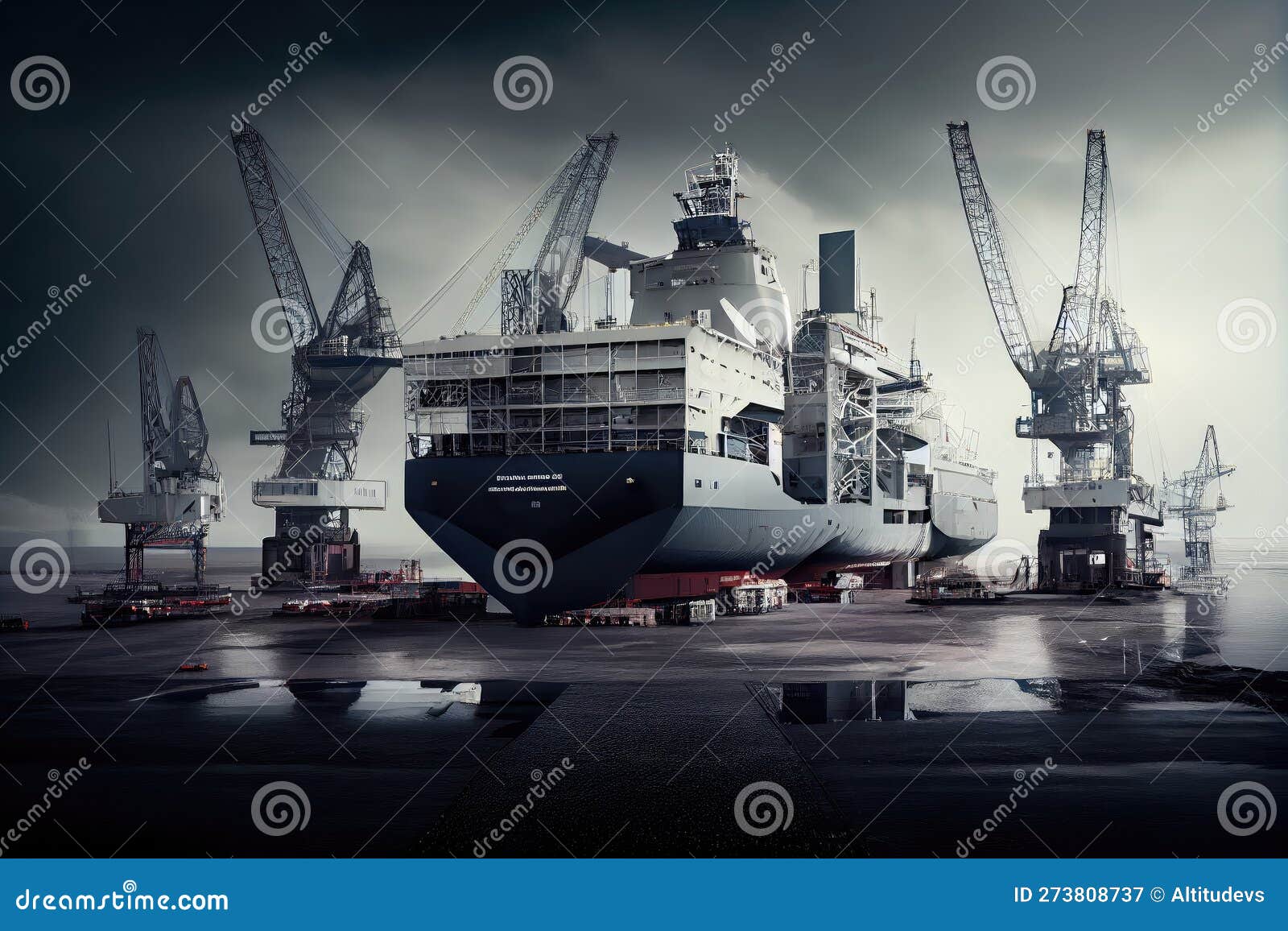 Modern Shipyard with Complex of Cranes and Massive Vessels Being Built ...