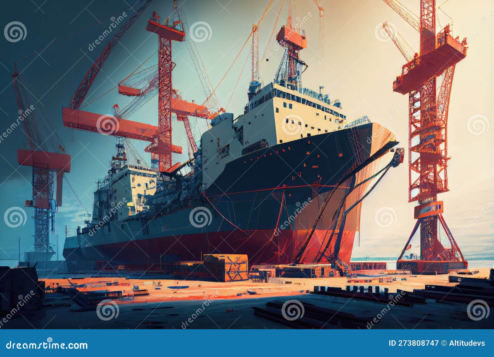 Modern Shipyard with Complex of Cranes and Massive Vessels Being Built ...