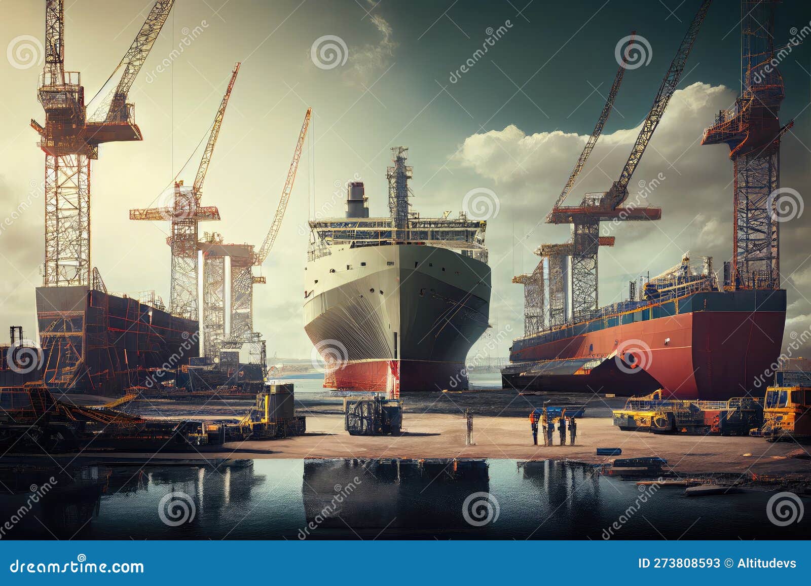 Modern Shipyard, with Cranes and Massive Vessels in Various Stages of ...