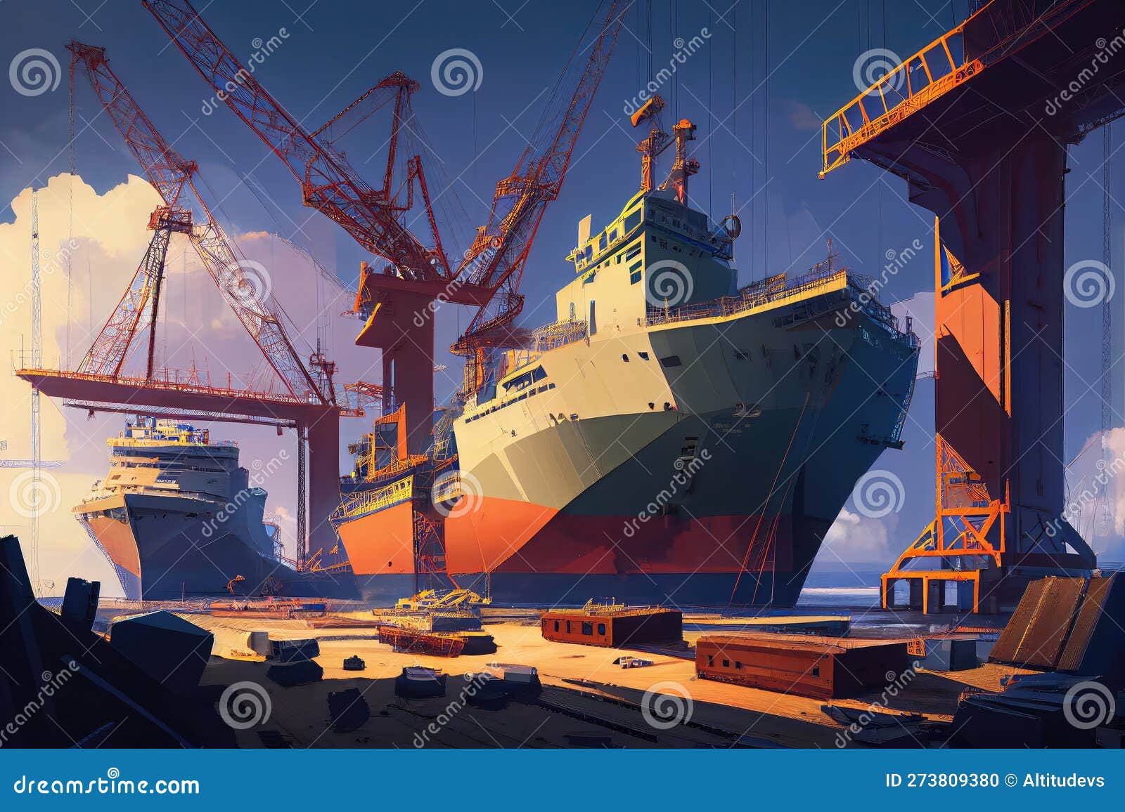 Modern Shipyard Filled With A Variety Of Ships In Different Stages Of ...