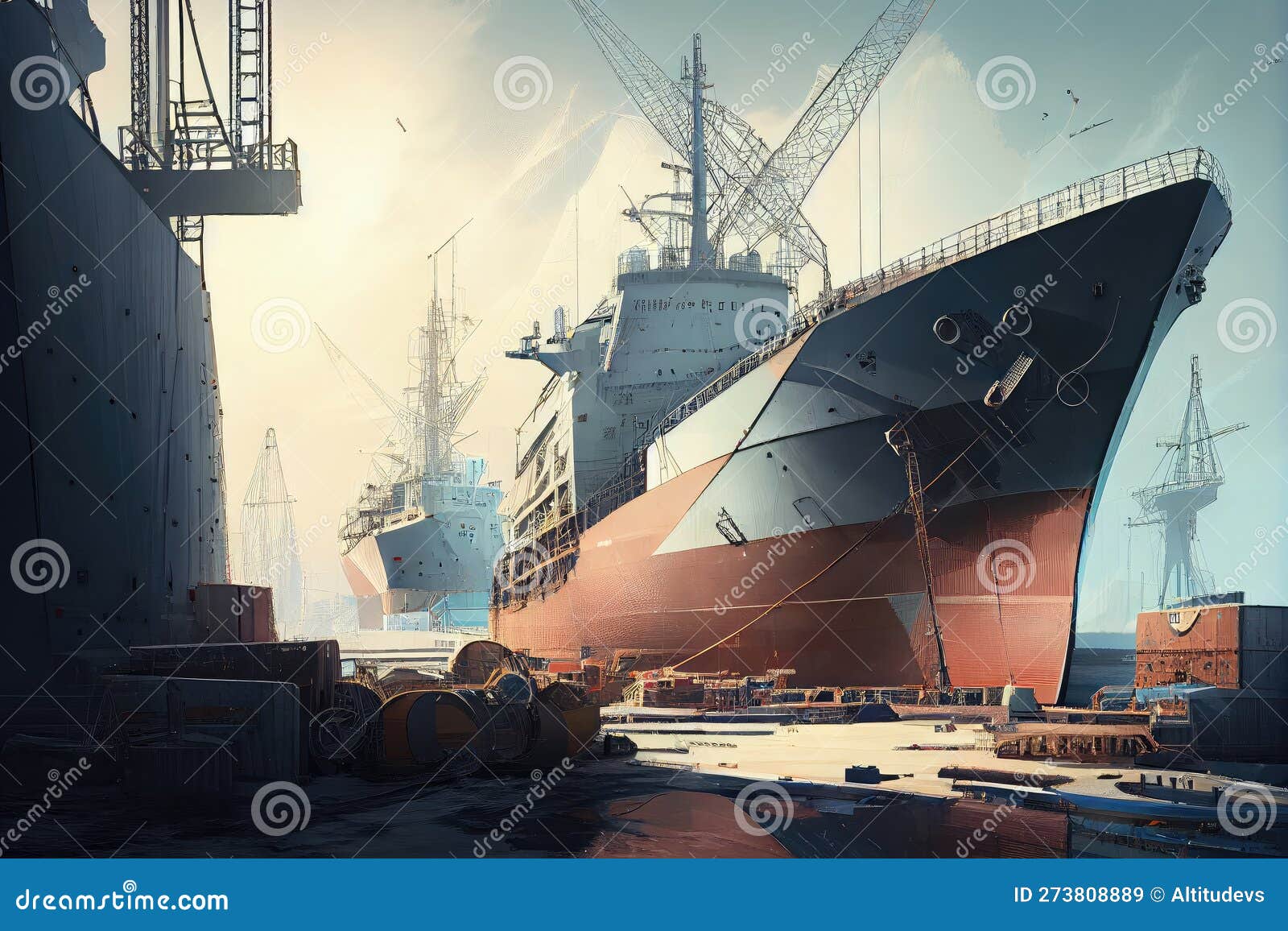 Modern Shipyard, with Rows of Ships and Supplies Under Construction ...