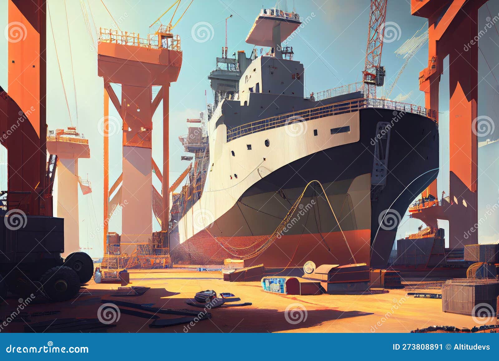Modern Shipyard Filled With A Variety Of Ships In Different Stages Of ...