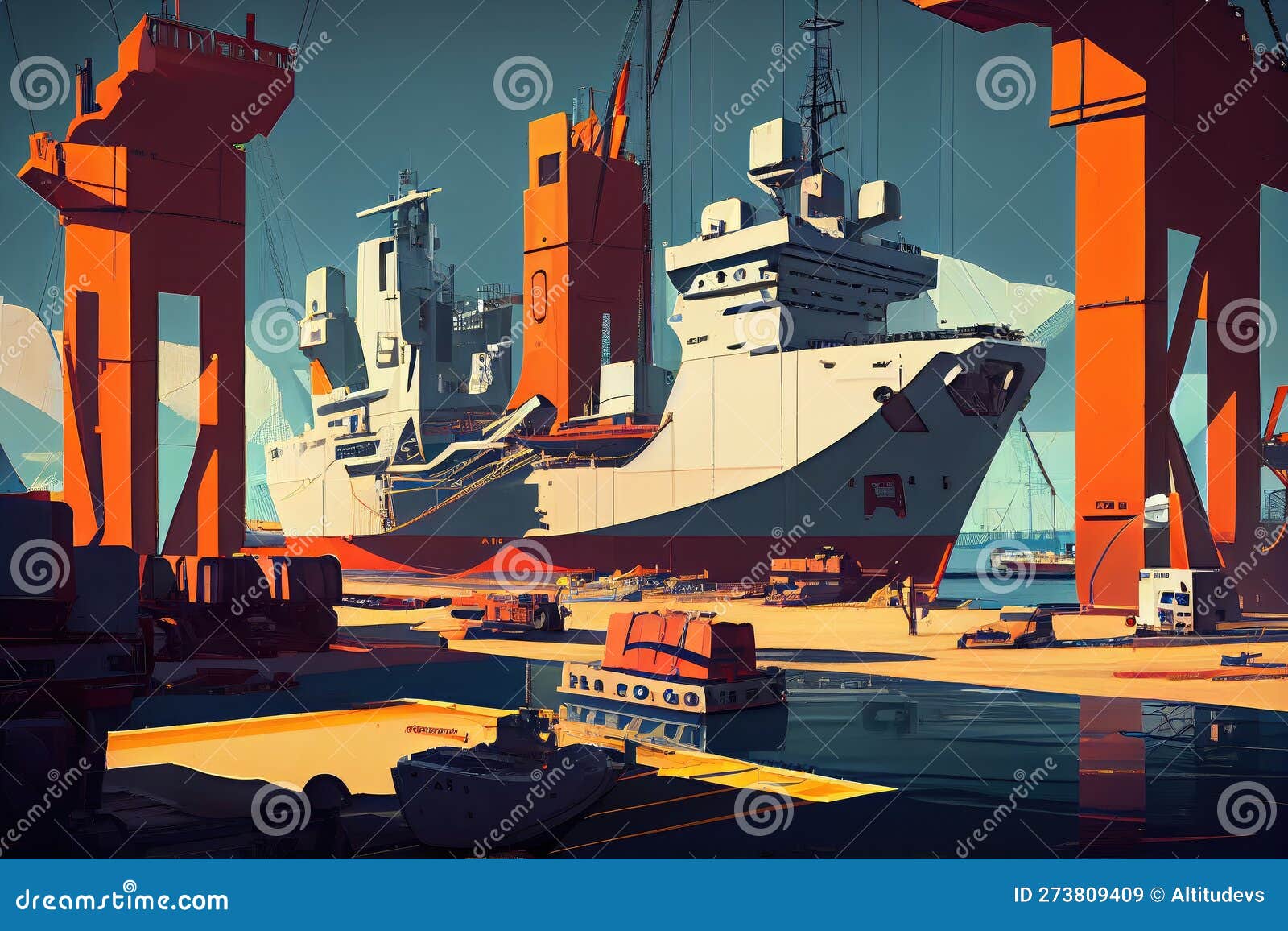 Modern Shipyard, with Ships Under Construction and Advanced Machinery ...