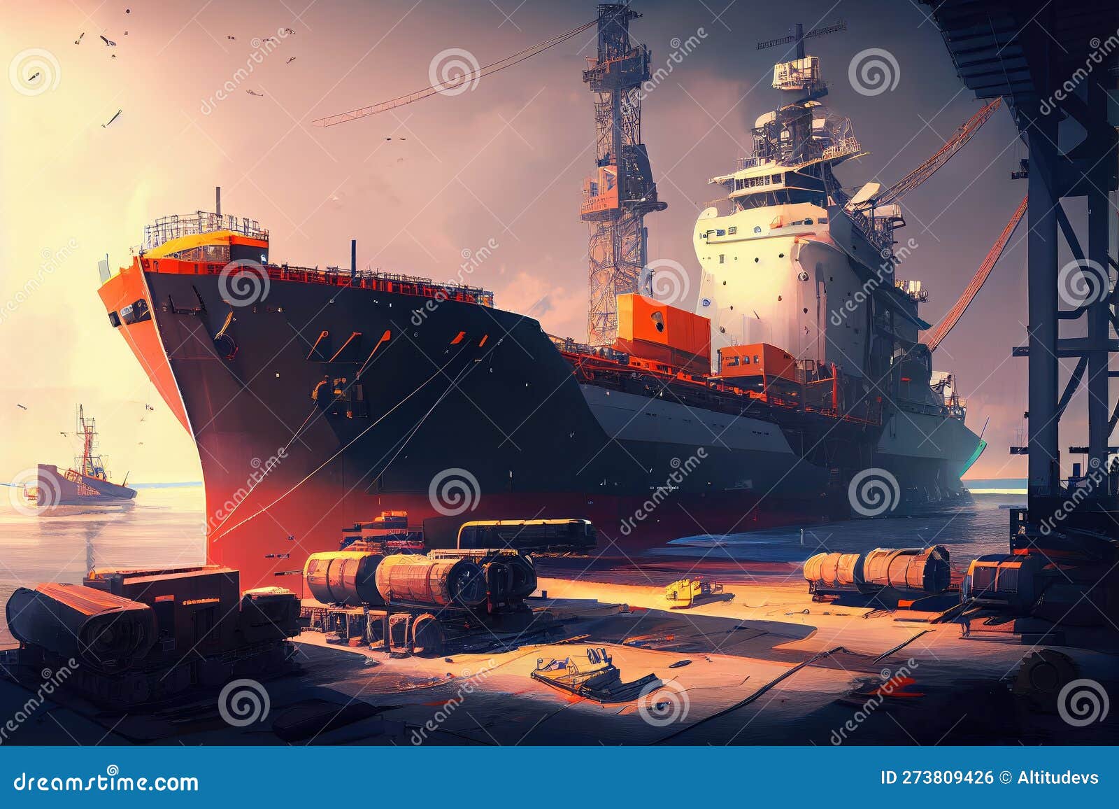 Modern Shipyard, with Ships Under Construction and Advanced Machinery ...
