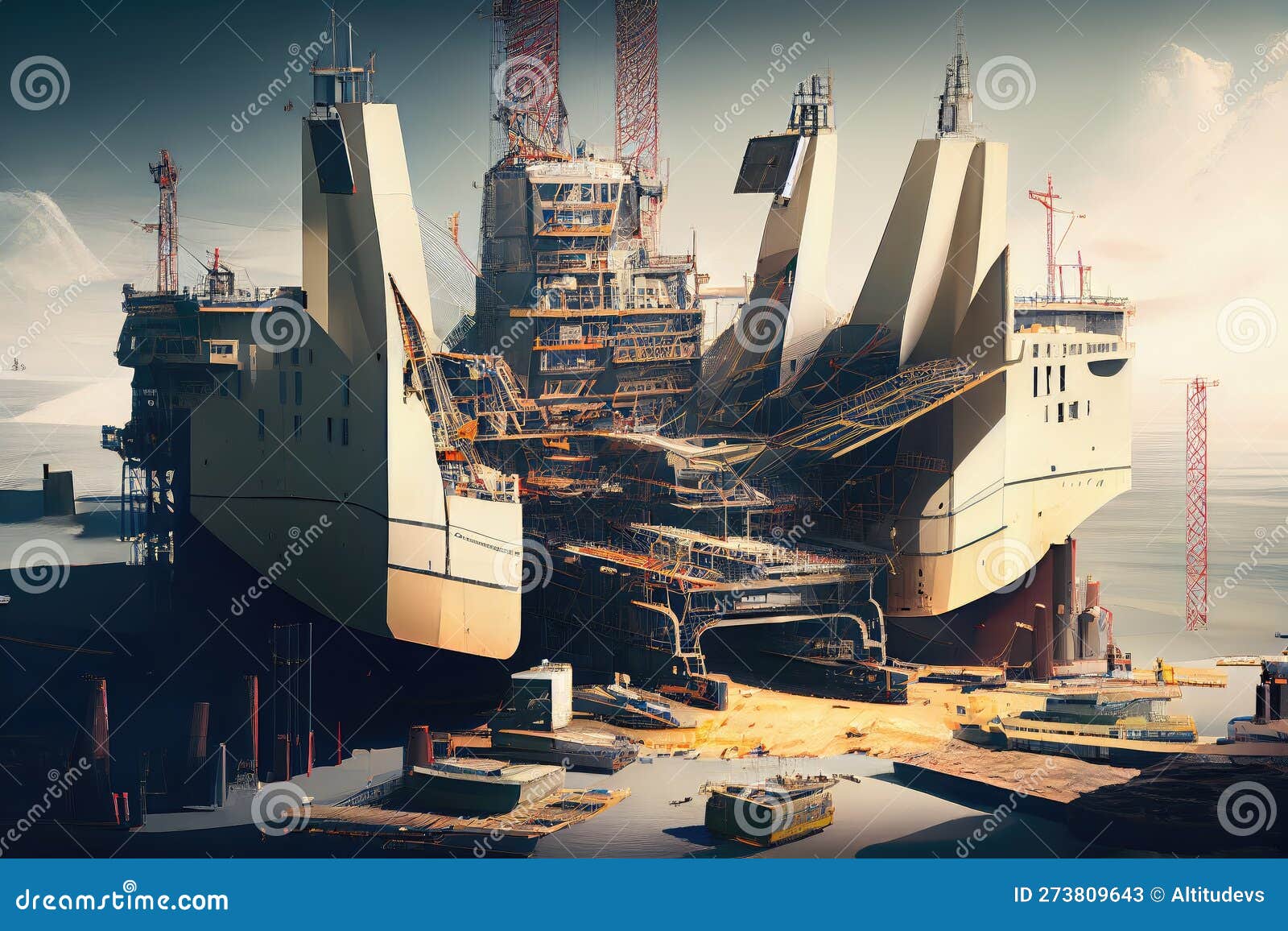 Modern Shipyard, with Various Designs and Models of Ships Being Built ...