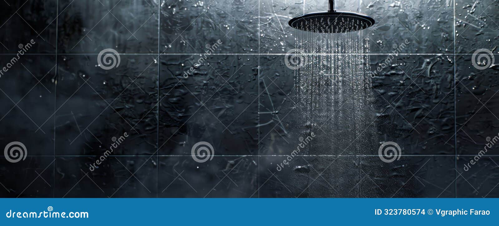 Modern Shower Head with Running Water in a Dark Tiled Bathroom ...
