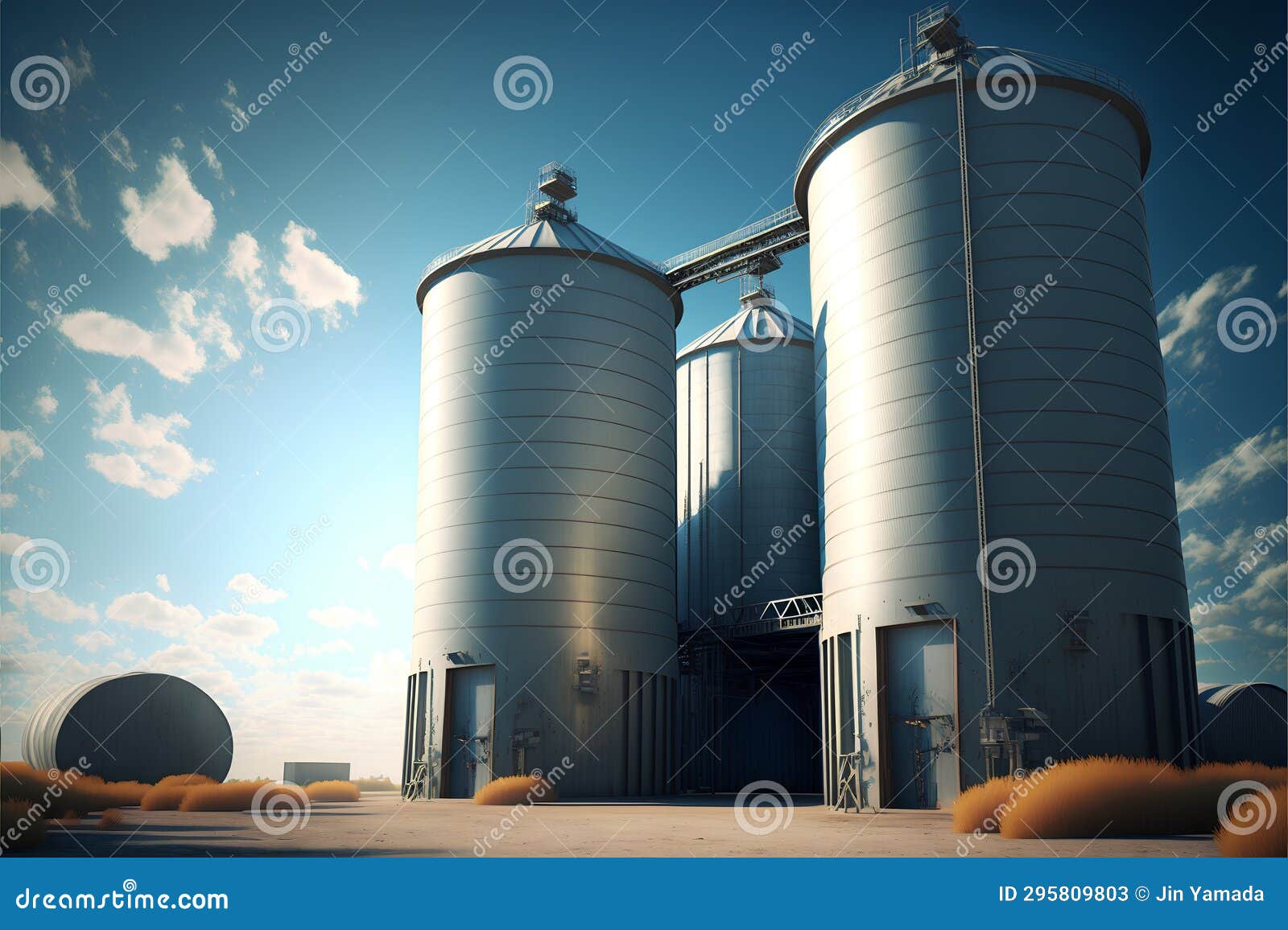 Modern Silos for Storing Grain. 3D Render. Blue Sky Stock Illustration ...