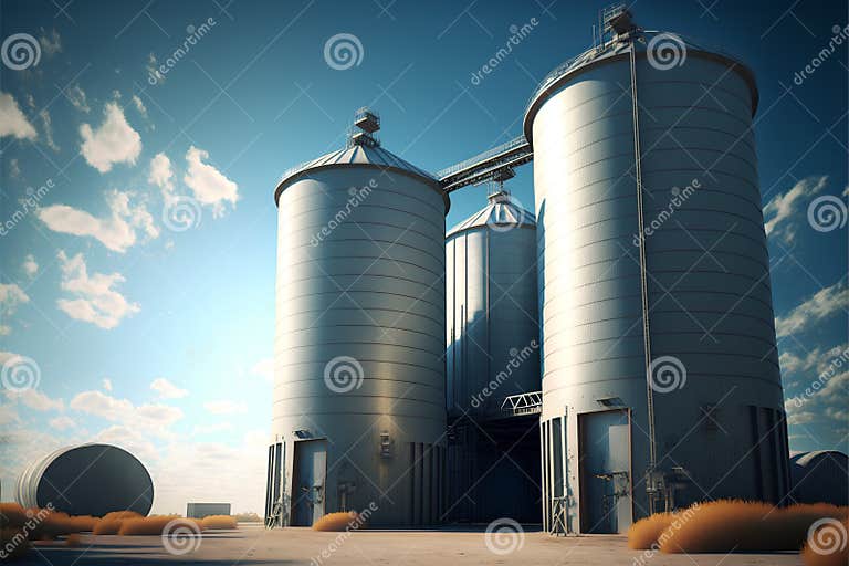 Modern Silos for Storing Grain. 3D Render. Blue Sky Stock Illustration - Illustration of ...