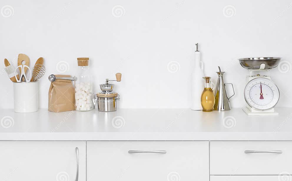 Modern Simple Kitchen Counter Interior with Kitchenware on White ...