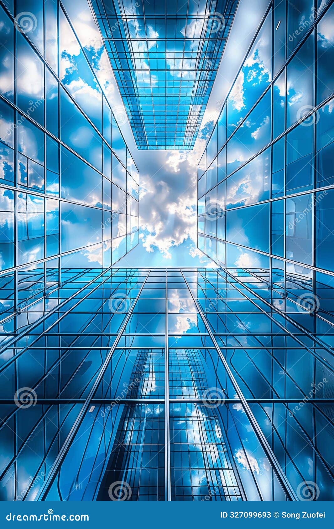 Modern Skyscraper Courtyard with Reflective Glass Windows and Sky View ...