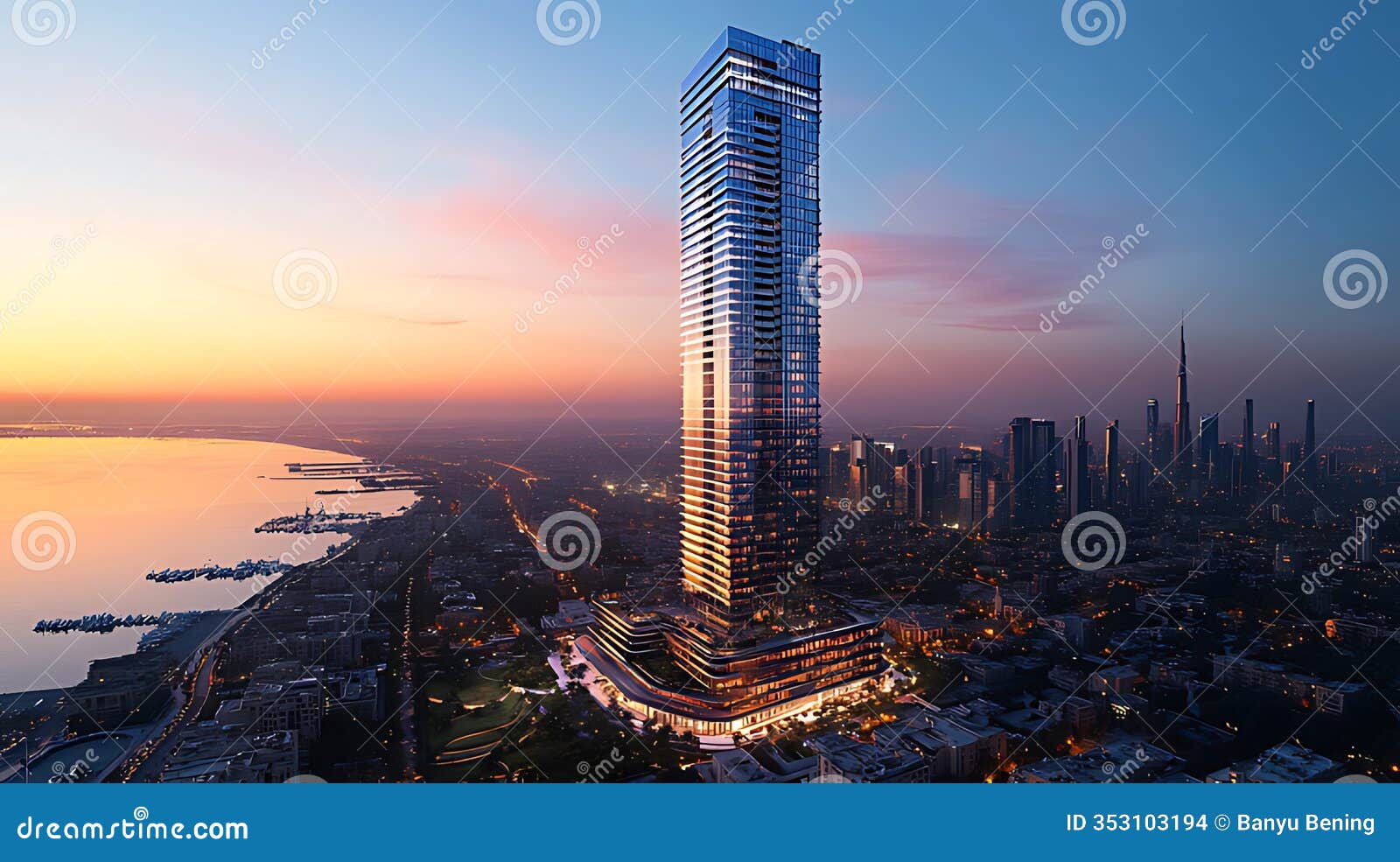 Modern Skyscraper at Sunrise Overlooking Cityscape and Ocean Stock ...