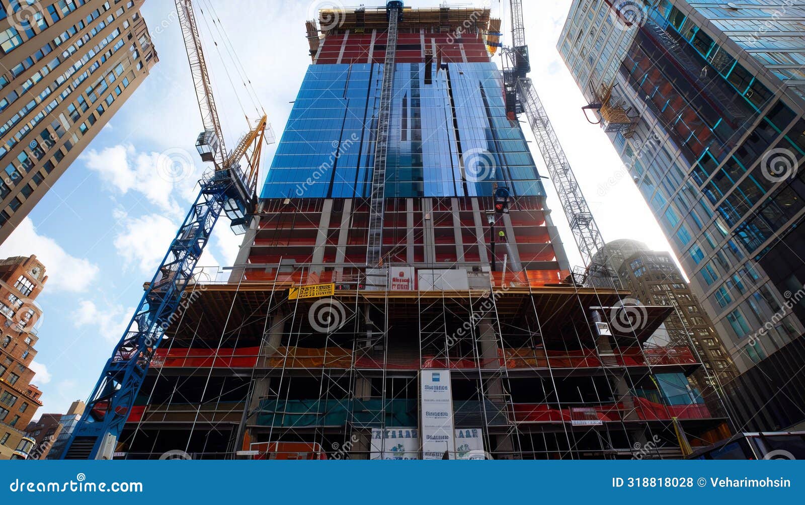 Modern Skyscraper Under Construction with Blue Crane and Steel Scaffolding Stock Illustration ...