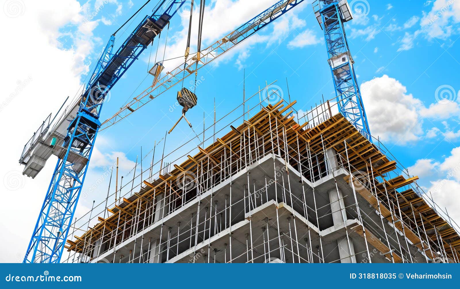 Modern Skyscraper Under Construction with Blue Crane and Steel ...
