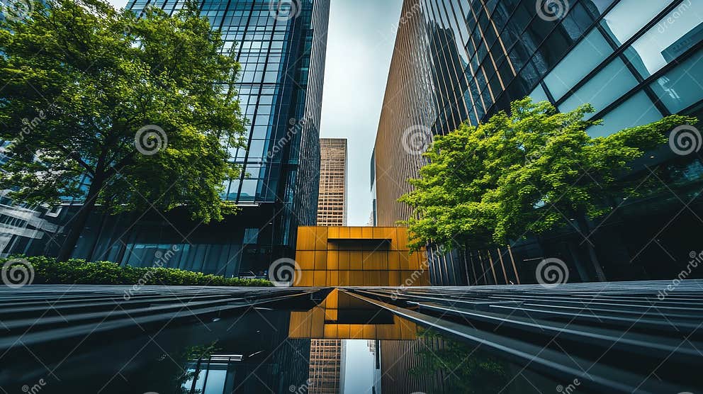 Modern Skyscrapers Reflecting in a Water Feature Stock Illustration ...