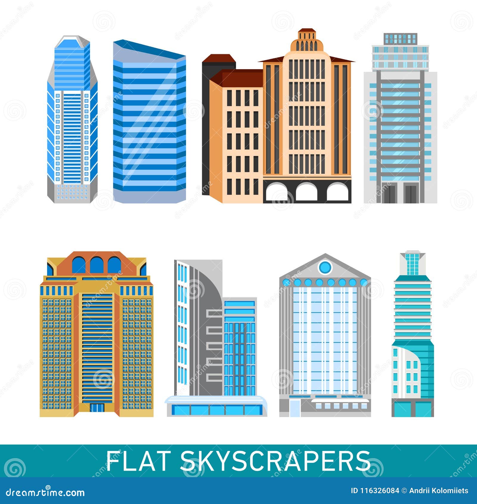 Modern Skyscrapers Set in Flat Style. Stock Vector - Illustration of ...