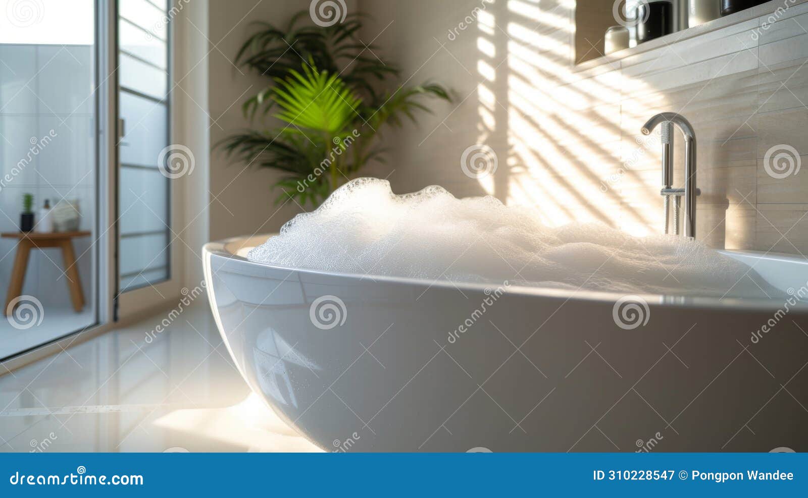 A Modern, Sleek Bathroom Boasting a Spotless White Bathtub Brimming ...