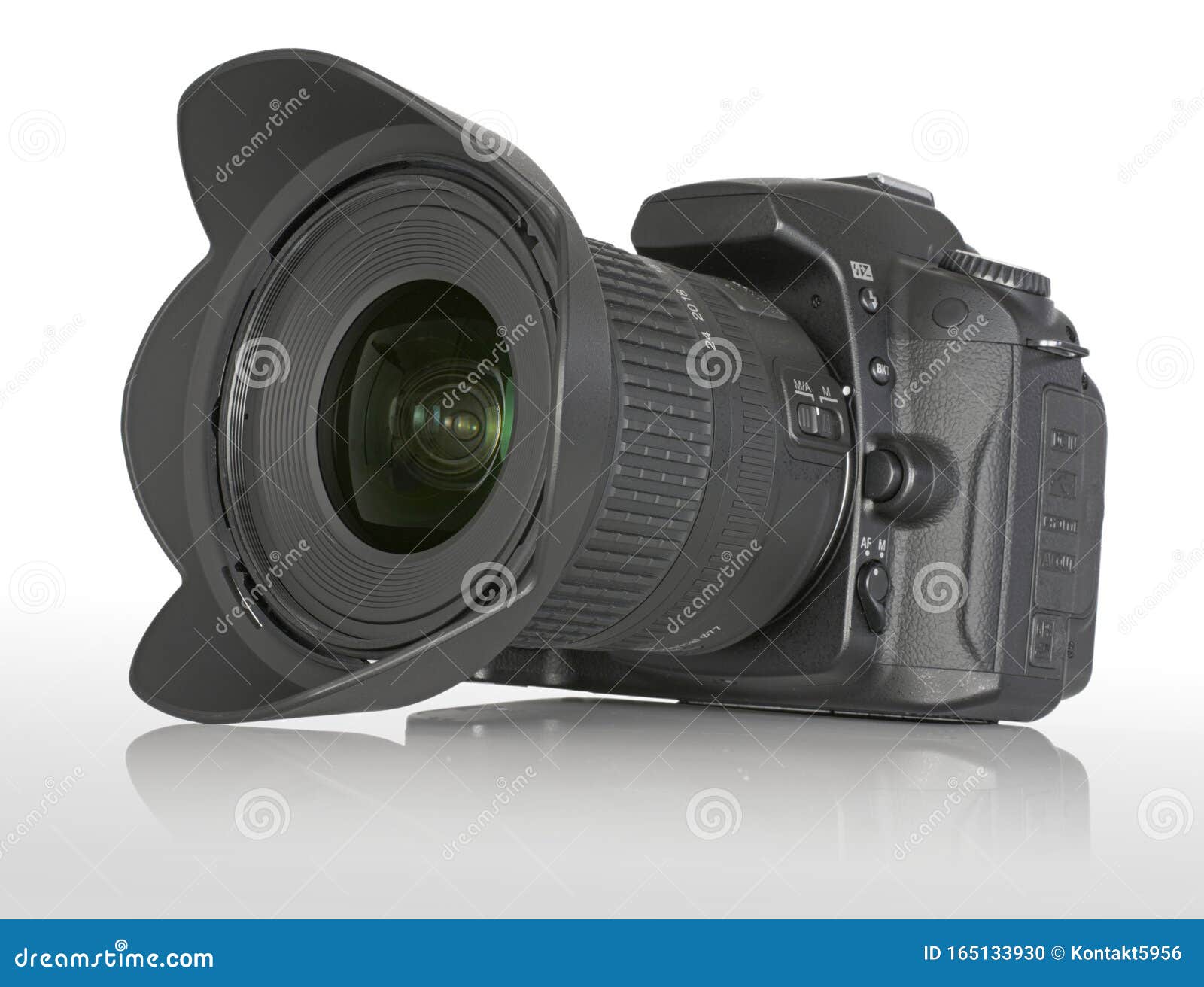 A Modern SLR Camera with White Background and Mirror Image Stock Photo ...