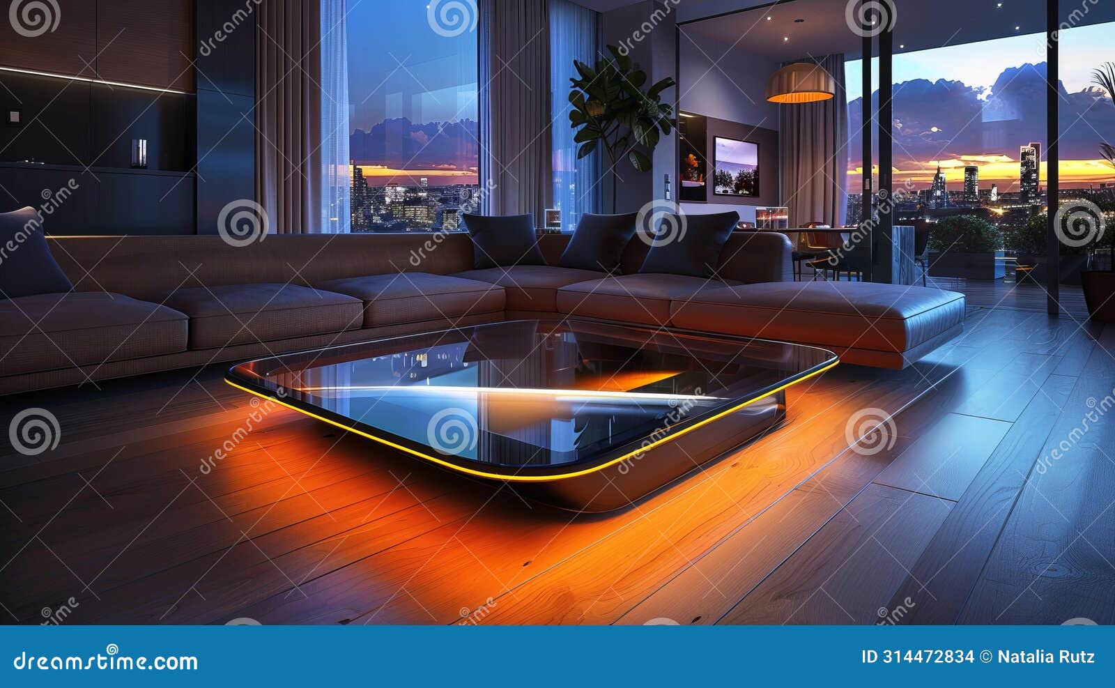 Modern Smart Coffee Table with Display in a Luxury Living Room Stock ...