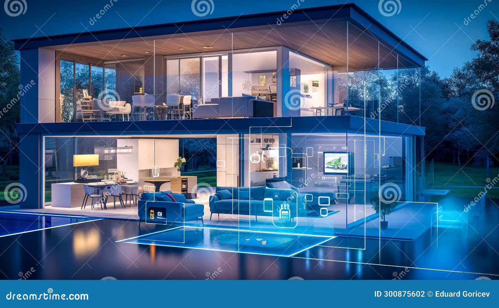 Modern Smart Home at Dusk, with an Interactive Layout that Visually ...