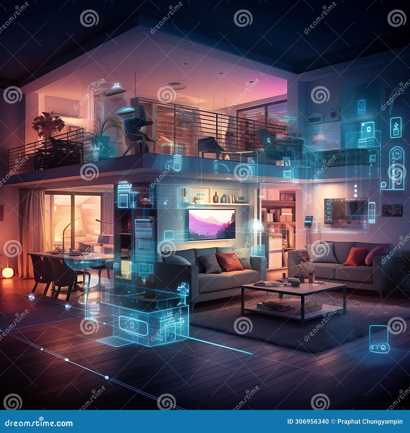 A Modern Smart Home Interior At Dusk With Interactive System Interface ...