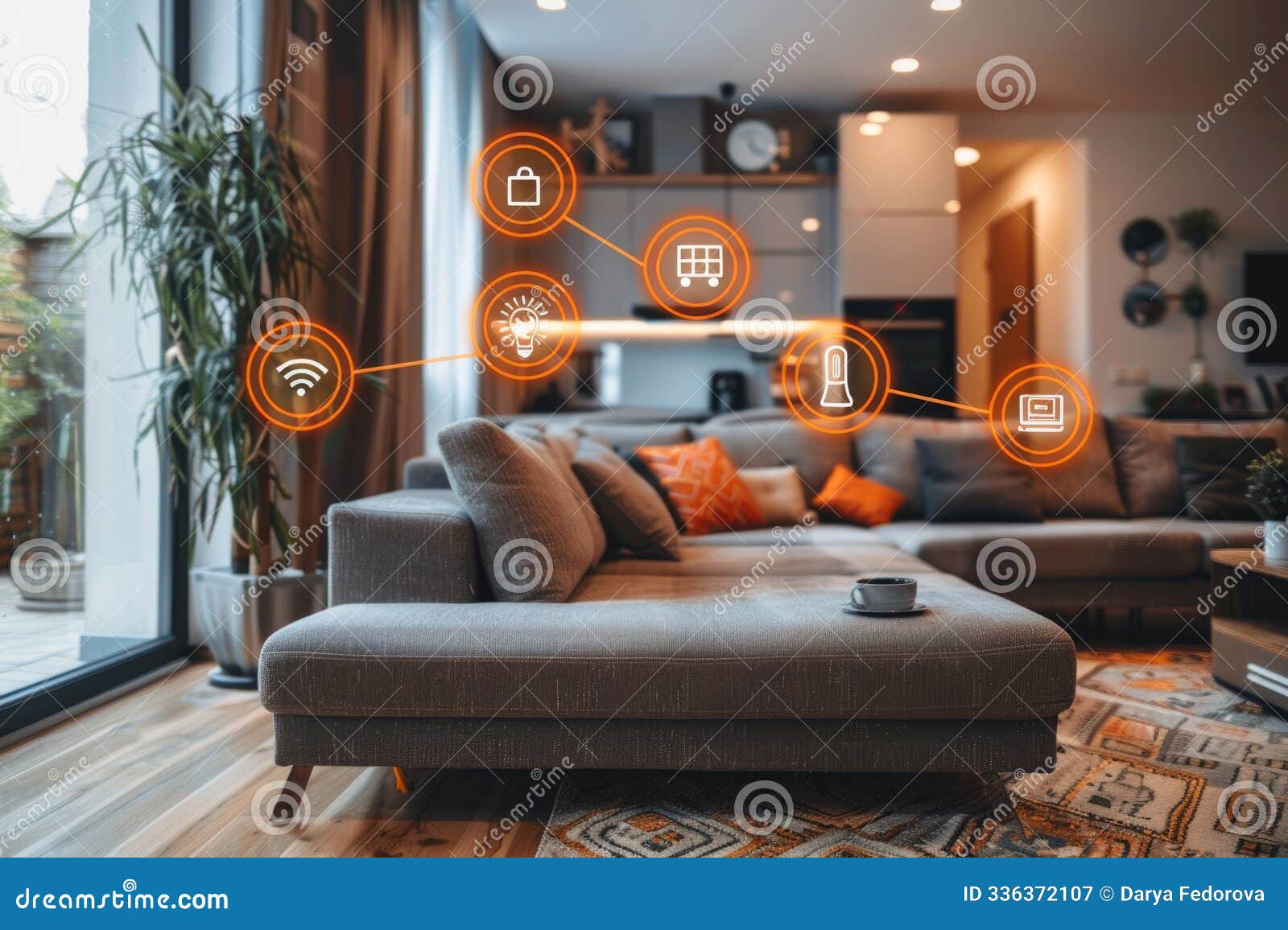 Modern Smart Home Living Room with Virtual Interface and Cozy Interior ...