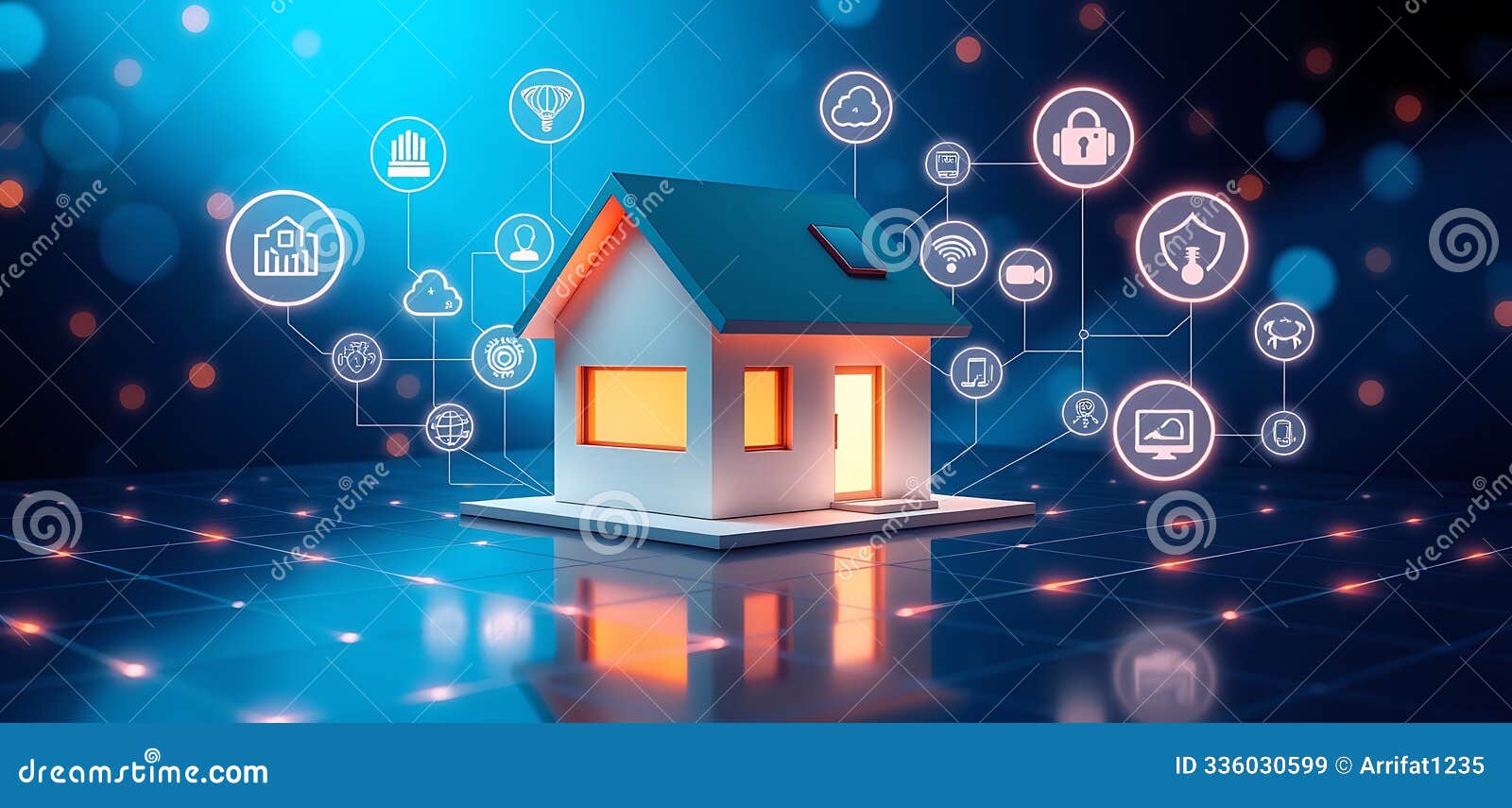 A Modern Smart Home Model Surrounded by Digital Icons Representing Home ...