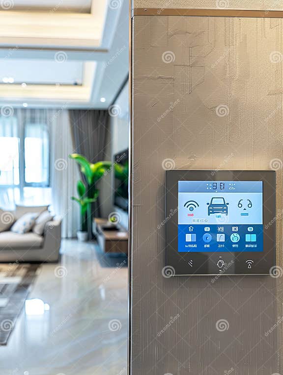 In a Modern Smart Home, a Mounted Control Panel on the Wall Displays ...