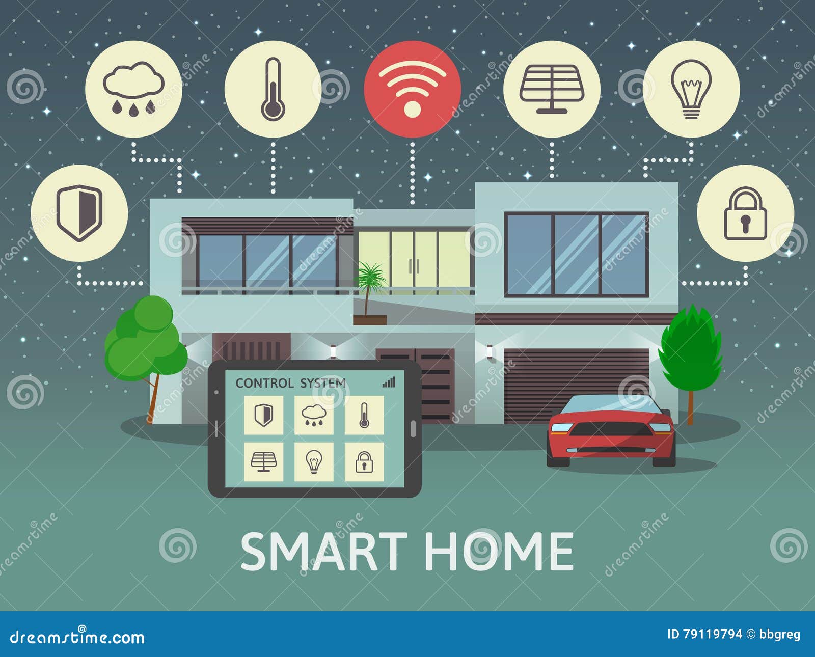 Modern Smart Home, at Night. Flat Design Style Concept, Centralized ...