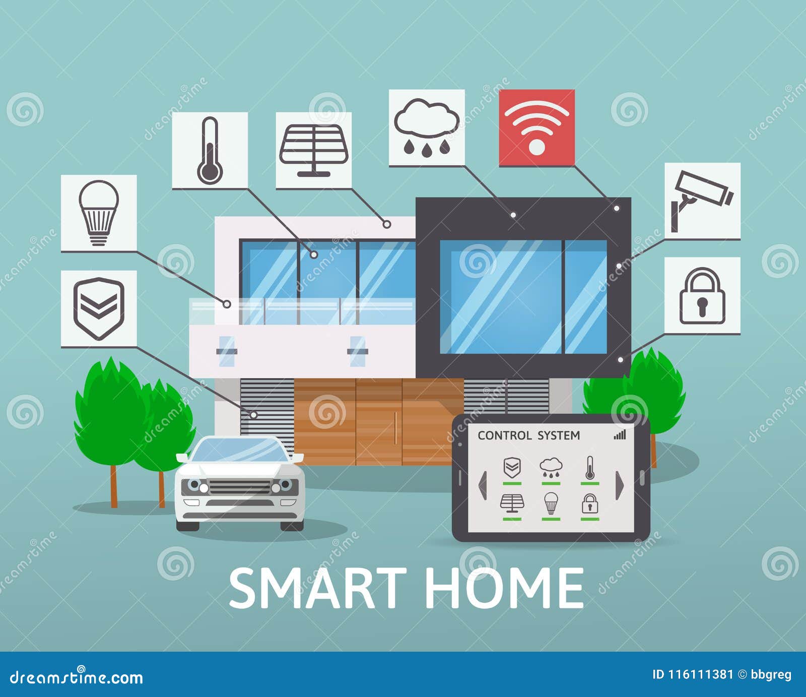 Modern Smart House with Car Infographic Banner. Flat Design Style ...