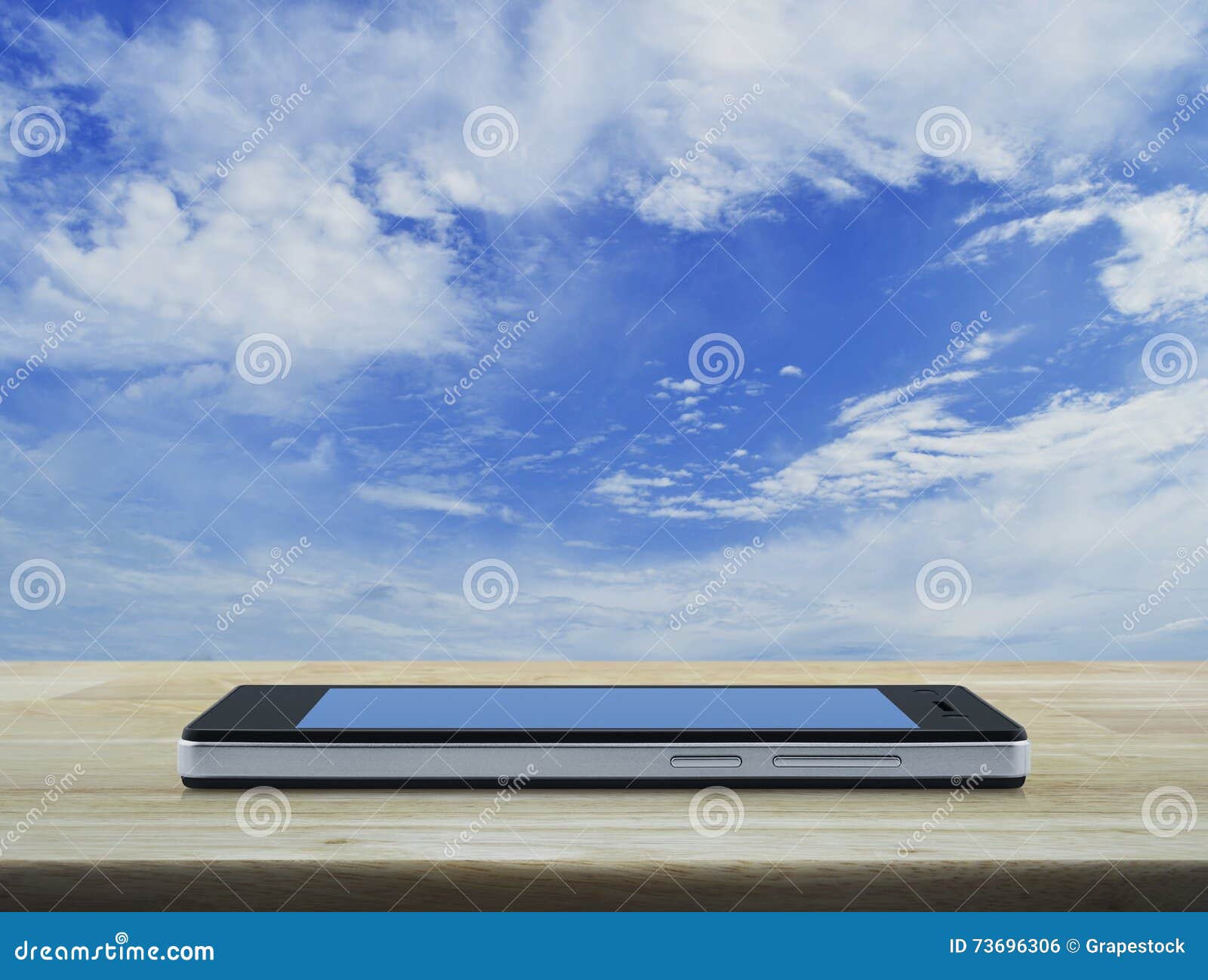 Modern Smart Phone with Blank Blue Screen on Wooden Table in Fro Stock ...