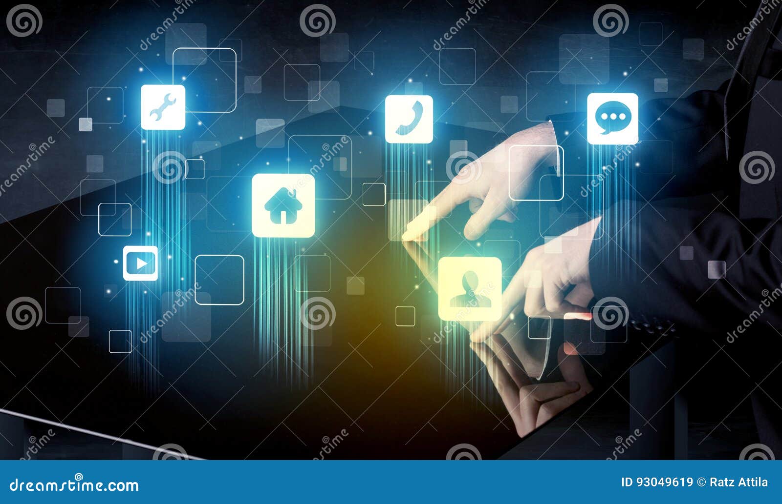 Modern Smart Table with High Tech Icons on Its Interface Screen Stock ...