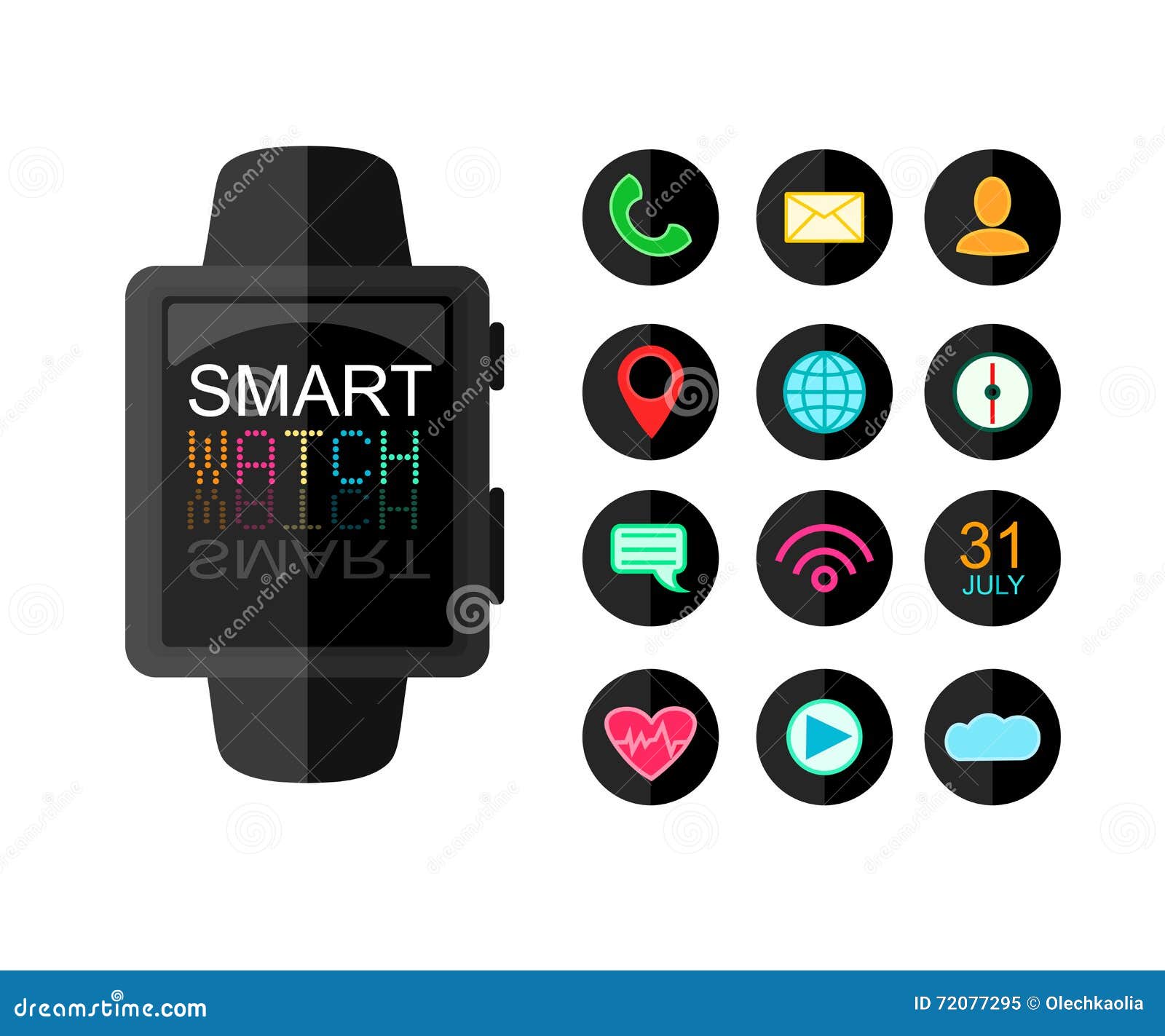 Modern Smart Watch. Set of App Icons for Interface. Flat Style Stock ...