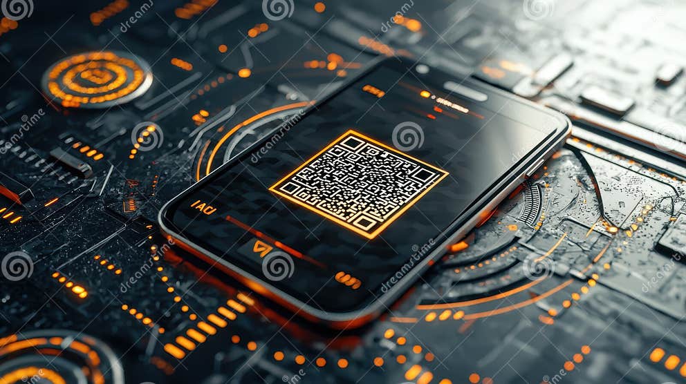 Modern Smartphone Displaying QR Code on Futuristic Technology ...