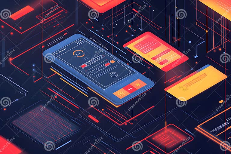 Modern Smartphone User Interface Design with Bright Neon Elements and Dark Background Stock ...