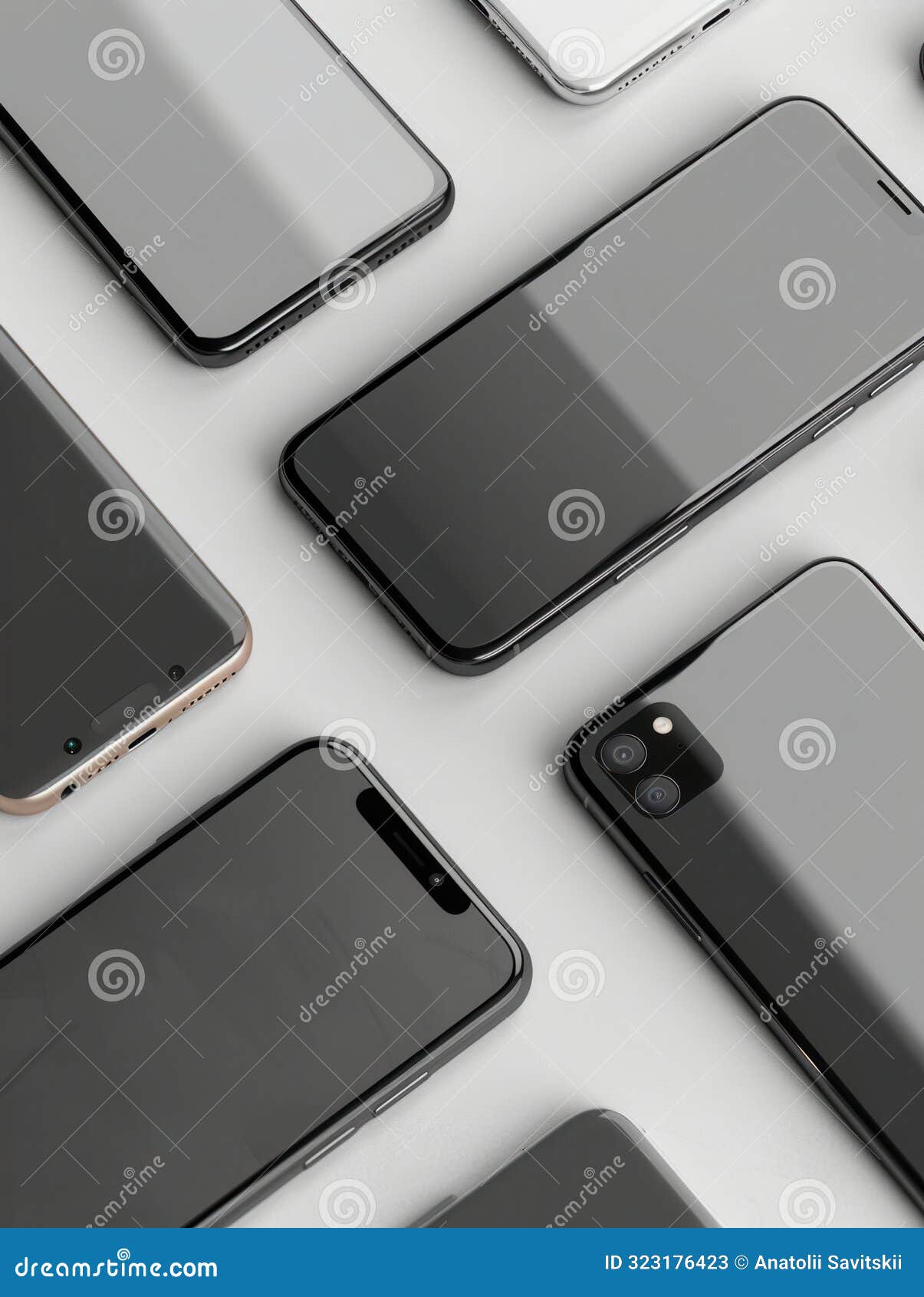 Modern Smartphones Arranged in Various Angles on a White Background ...