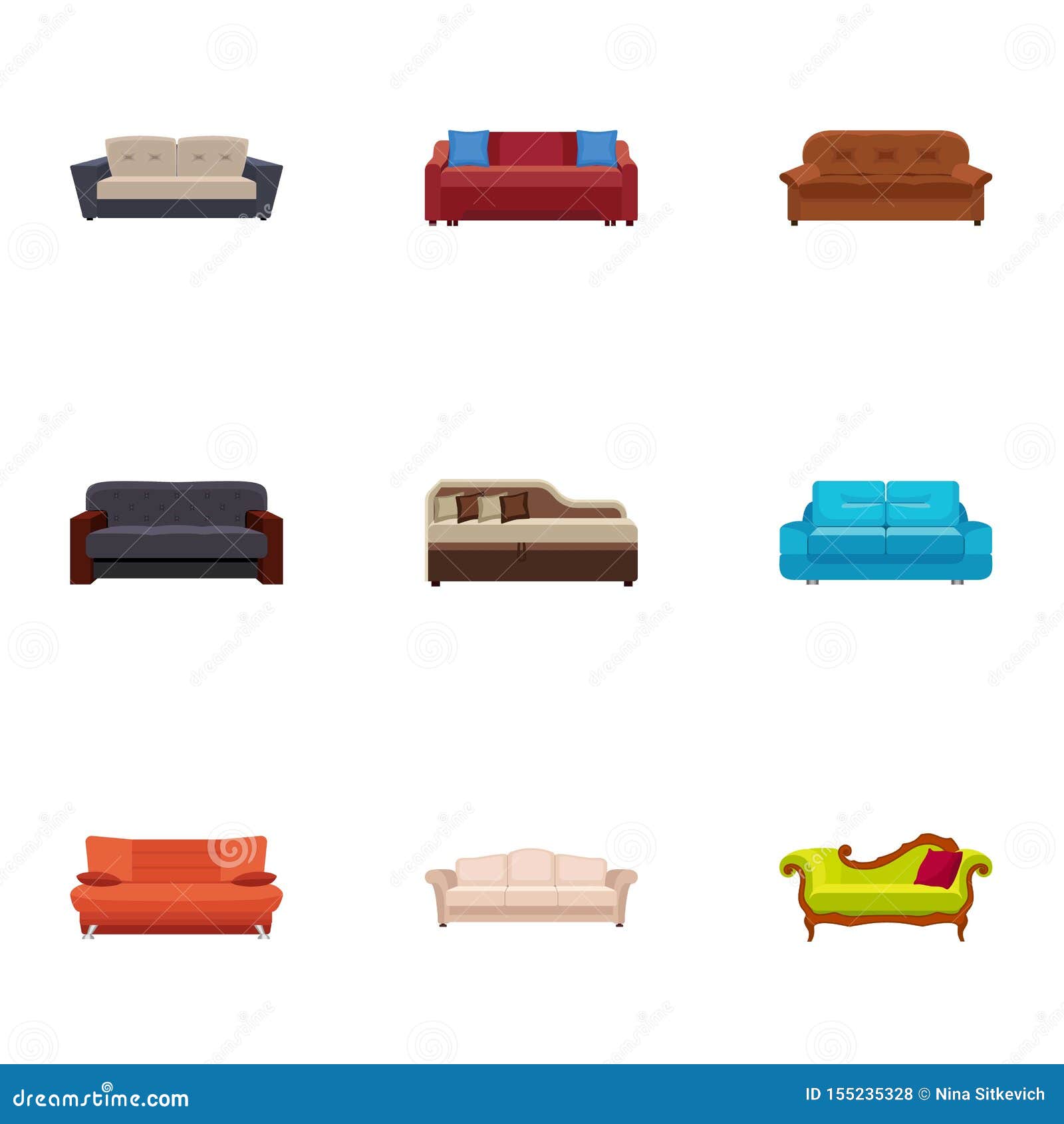 Modern Sofa Icon Set, Flat Style Stock Vector - Illustration of living ...