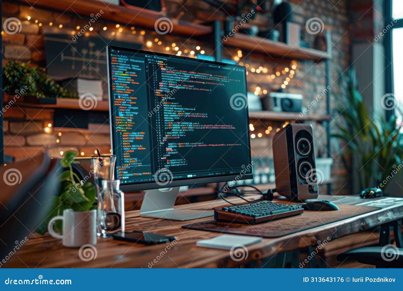 Modern Software Developer Workspace With Computer Code On The Screen And A Speaker On The Side