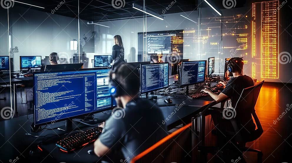 Modern Software Development Team in Office Cyberpunk Aesthetics ...