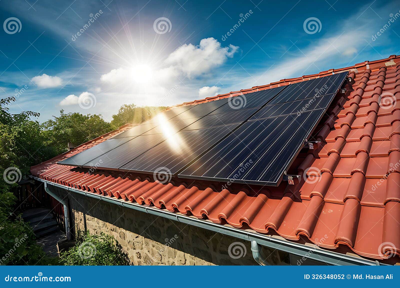 Modern Solar Panel on a Red Roof Reflecting the Sun and the Cloudless ...