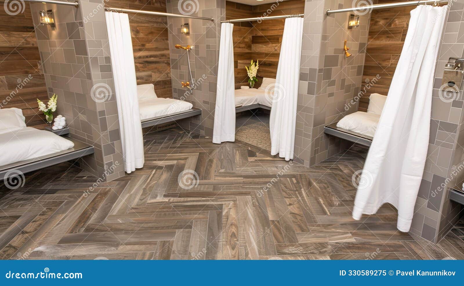Modern Spa Changing Room with Private Shower Compartments and Cozy ...
