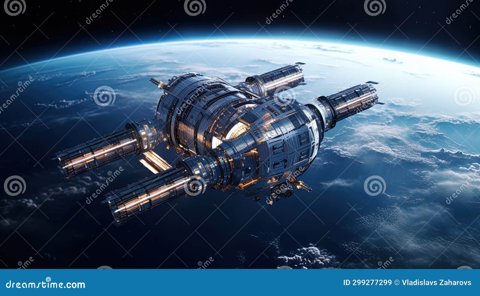 A Modern Space Station with a Panoramic View of the Planet Earth Stock ...