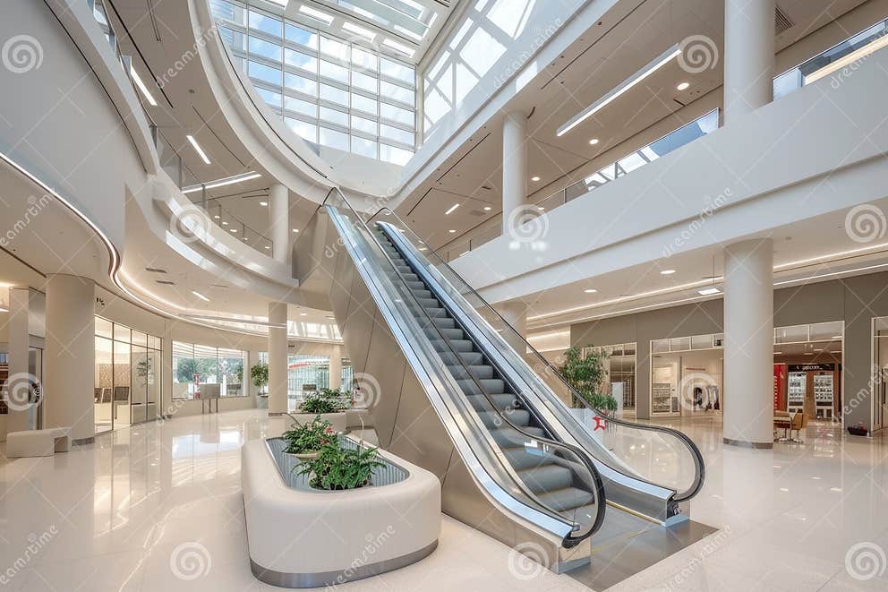 Modern, Spacious Atrium with Glass Ceiling and Escalators Stock ...
