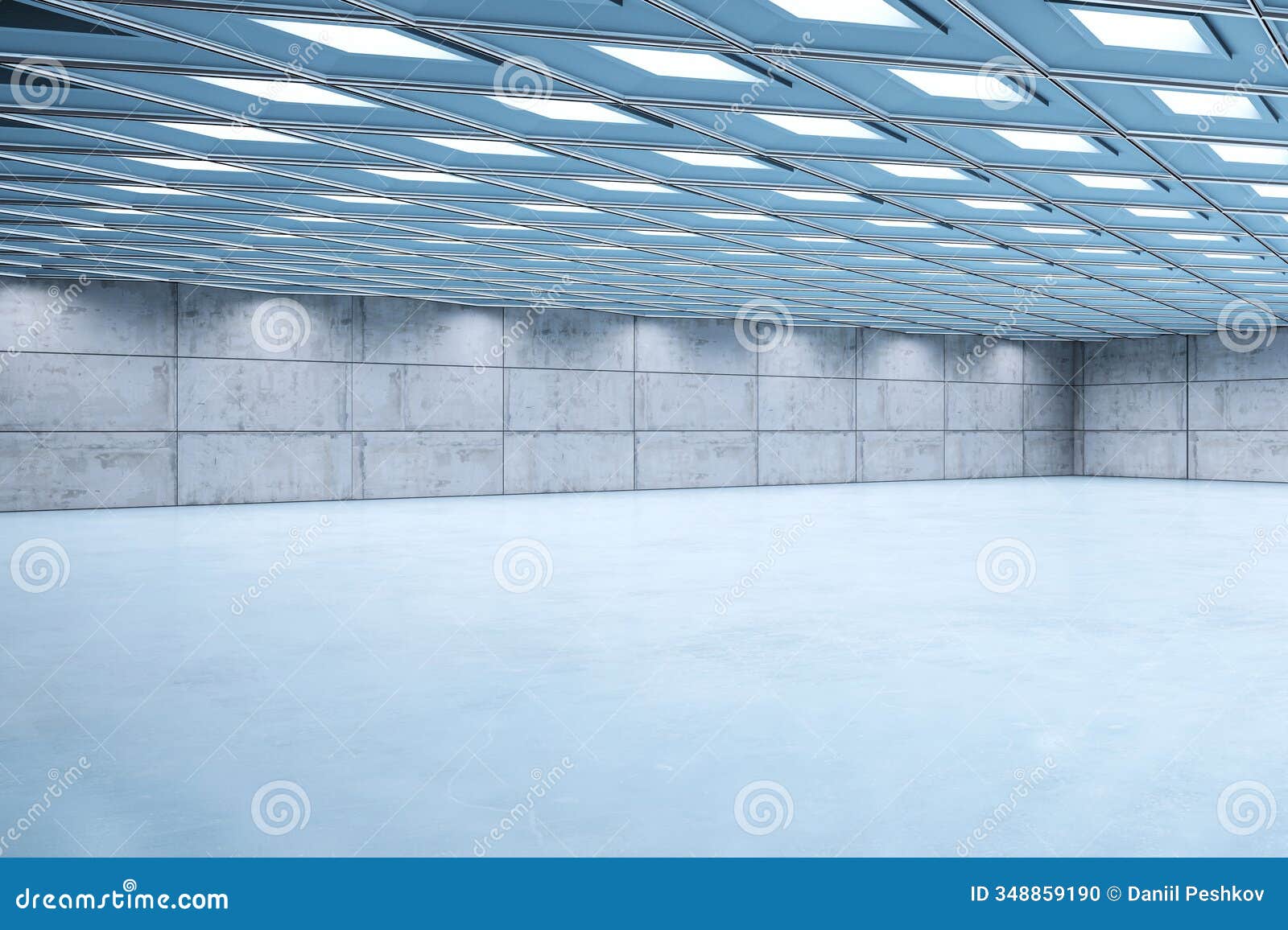 Modern Spacious Interior with Concrete Walls and Grid-patterned Ceiling with Skylights. 3D ...